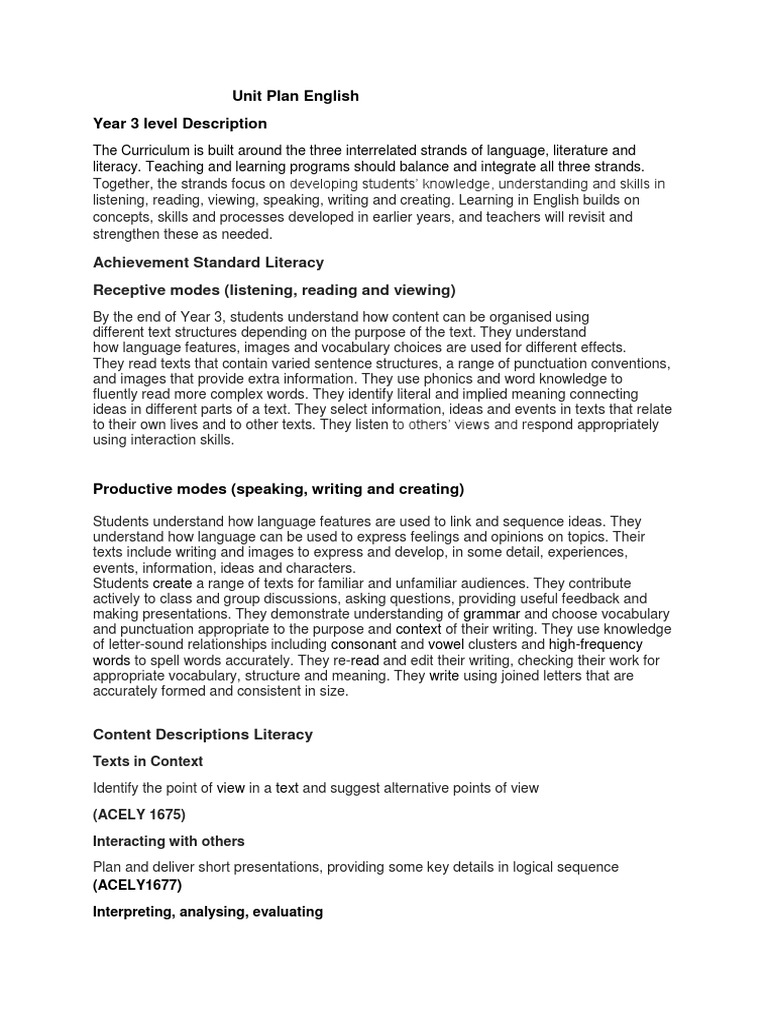 Unit Plan English Year 3 Level Description | PDF | Reading ...