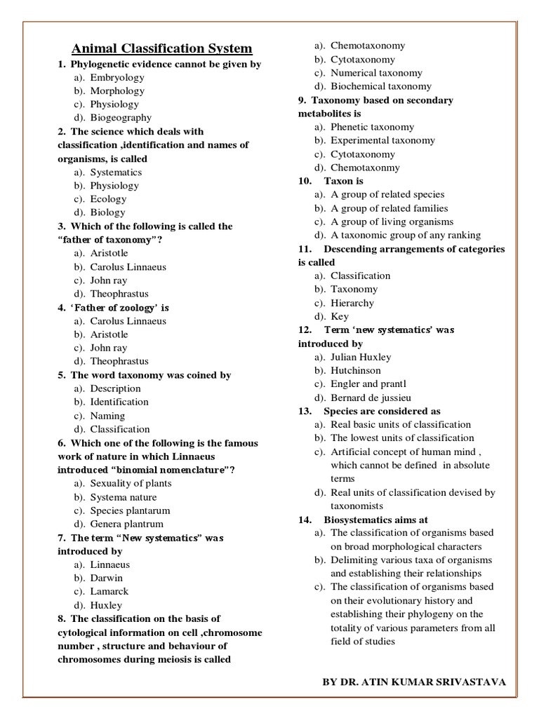 Animal Classification System - 1 | PDF | Taxonomy (Biology ...