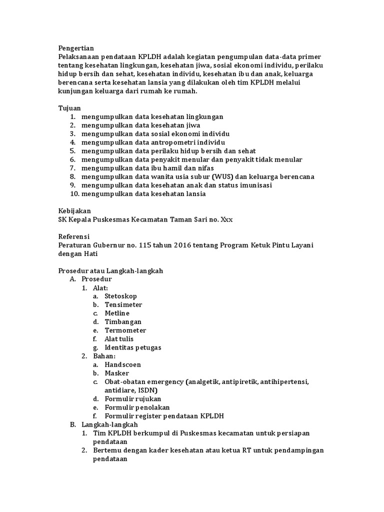 Pendataan KPLDH: Prosedur dan Tujuan | PDF | Kesehatan Holistik | Sains & Matematika