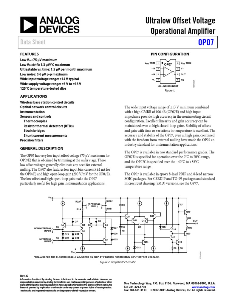 OP07 Op Amp IC Datasheet, Pinout, Equivalents Specs, 46% OFF