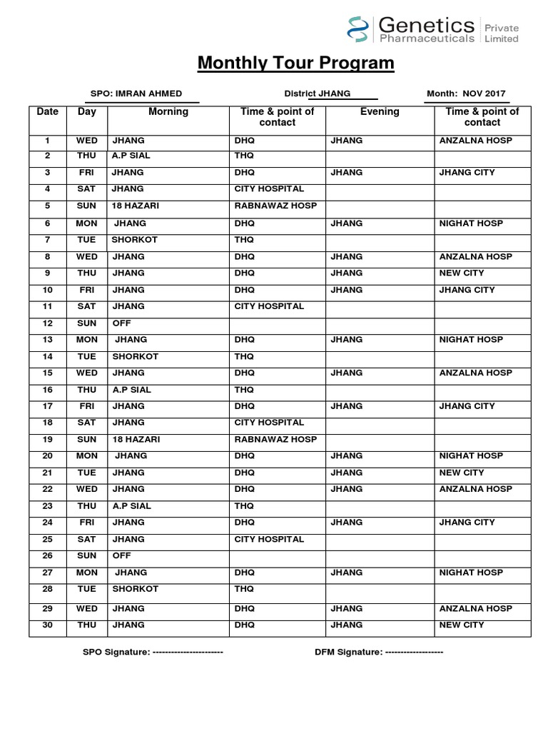 Monthly Tour Program: Date Day Morning Time & Point of Contact Evening Time & Point of Contact | PDF
