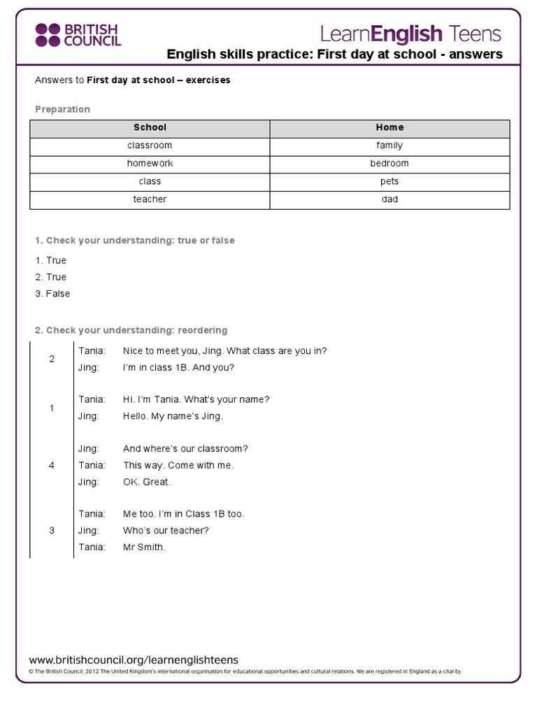 First Day at School: Answer Key | PDF