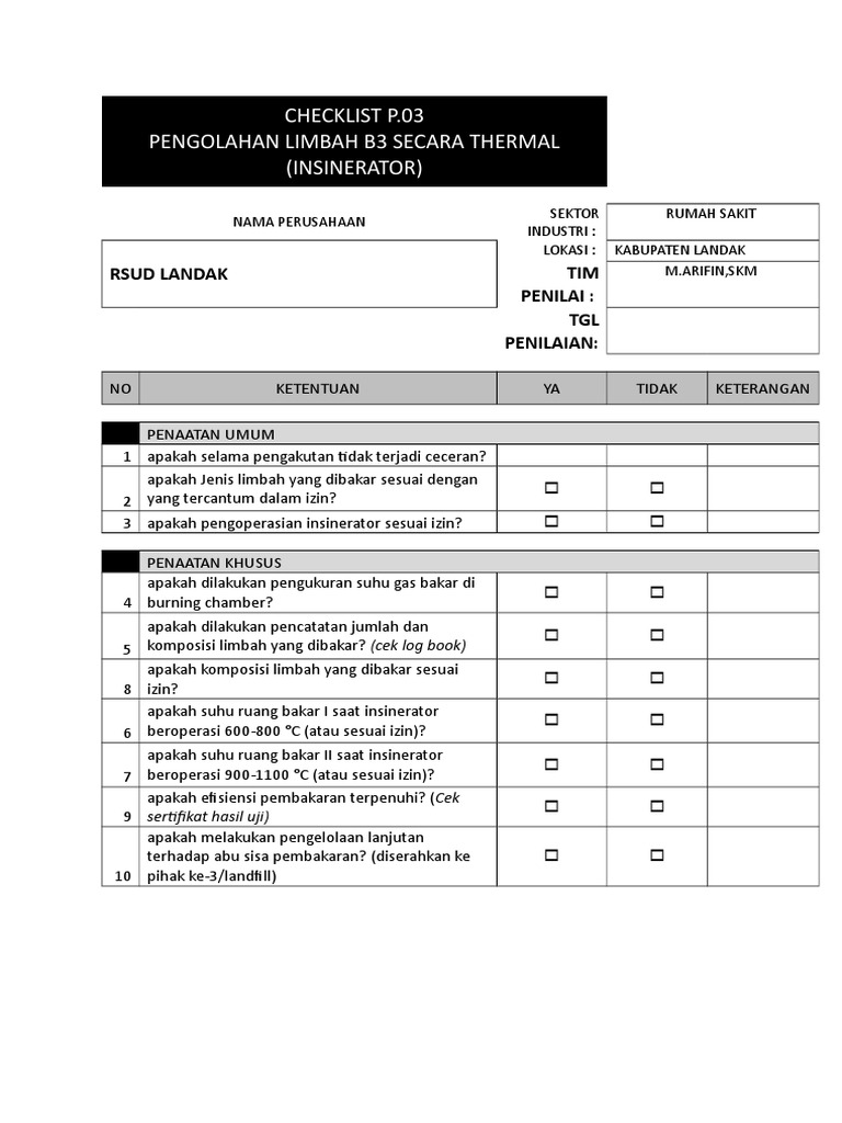 CHECKLIST P3 Insinerator | PDF