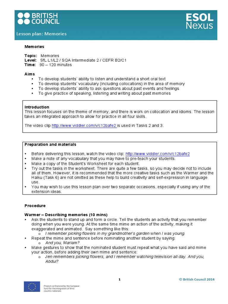 Memories Lesson Plan | PDF | Lesson Plan | Cognitive Science