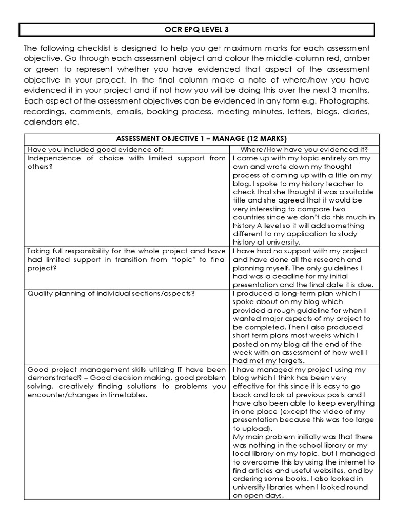 Epq Checklist - Rachel Muir | PDF | Educational Assessment | Evaluation
