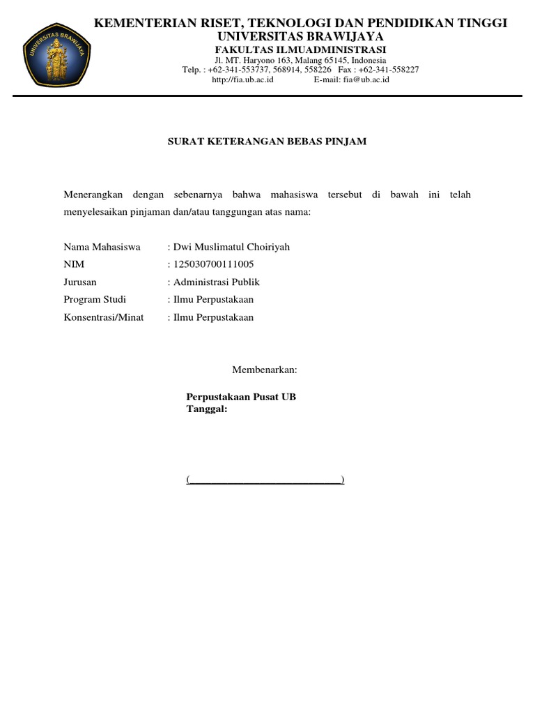 Surat Keterangan Bebas Pinjam Buku Perpus | PDF