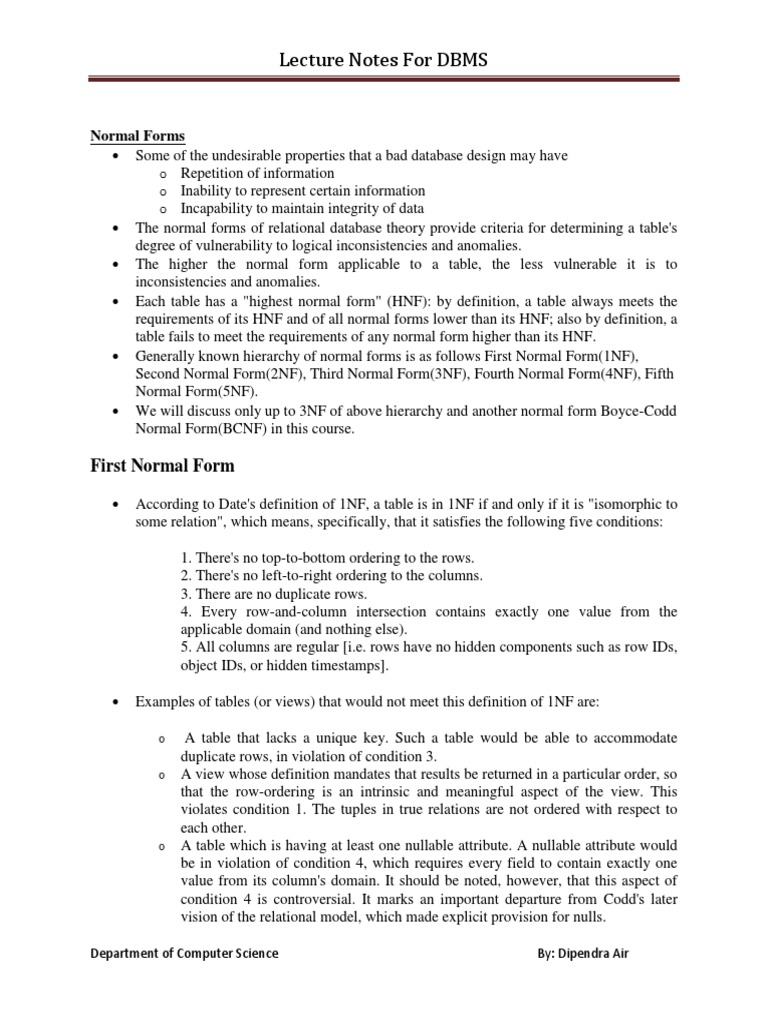 Lecture Notes For DBMS: Normal Forms | PDF | Relational Model | Databases