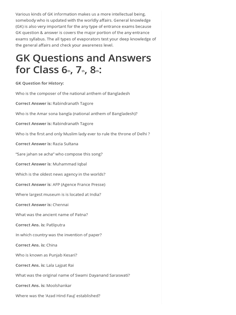 CBSC GK Questions Answer For 6th, 7th and 8th Standard Students | PDF ...