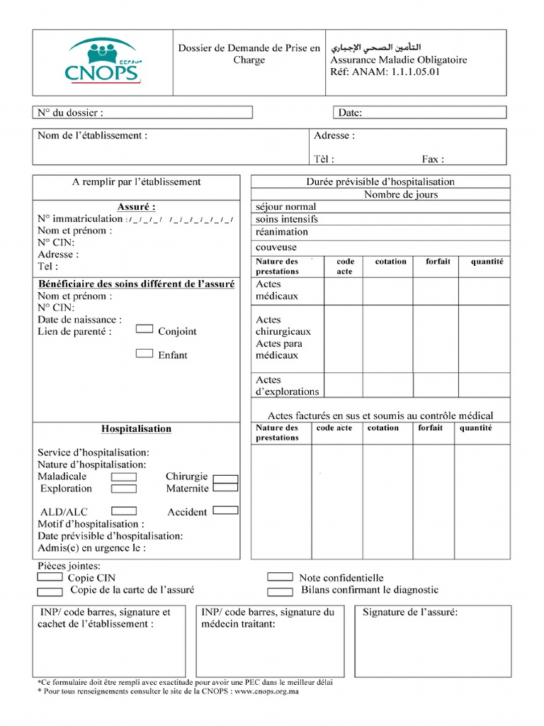 Demande de Prise en Charge CNOPS | PDF
