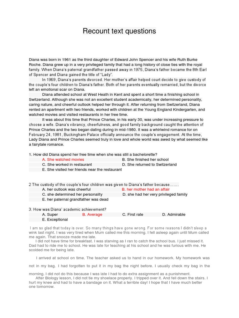 Jawaban Recount Text Questions | PDF | Diana