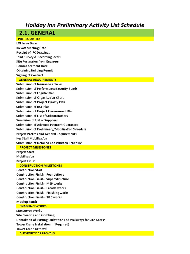 Holiday Inn Preliminary Activity List Schedule: 2.1. GENERAL | PDF ...