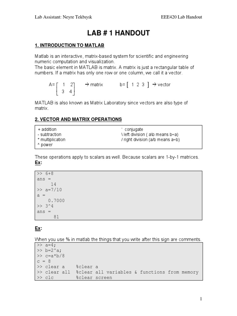Lab # 1 Handout: 1. Introduction To Matlab | PDF | Matrix (Mathematics) | Functions And Mappings