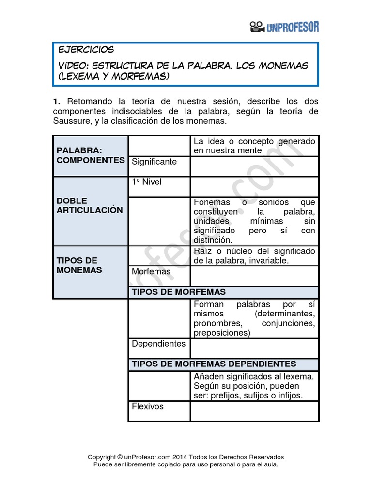Ejercicio Estructura de Las Palabras Morfemas y Lexemas 293 | PDF