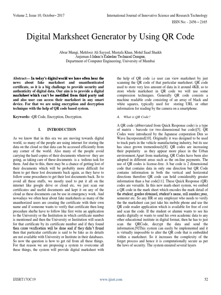 Digital Marksheet Generator by Using QR Code | PDF | Qr Code | Barcode