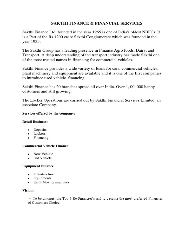 Sakthi Finance & Financial Services - Loans, Deposits, Lockers ...