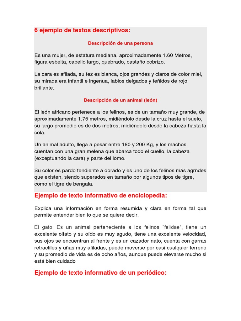 6 Ejemplo de Textos Descriptivos | Descargar gratis PDF | Felidae | León
