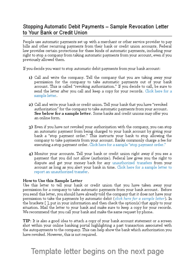 201511 Cfpb Sample Revocation Letter to Your Bank or Credit Union ...