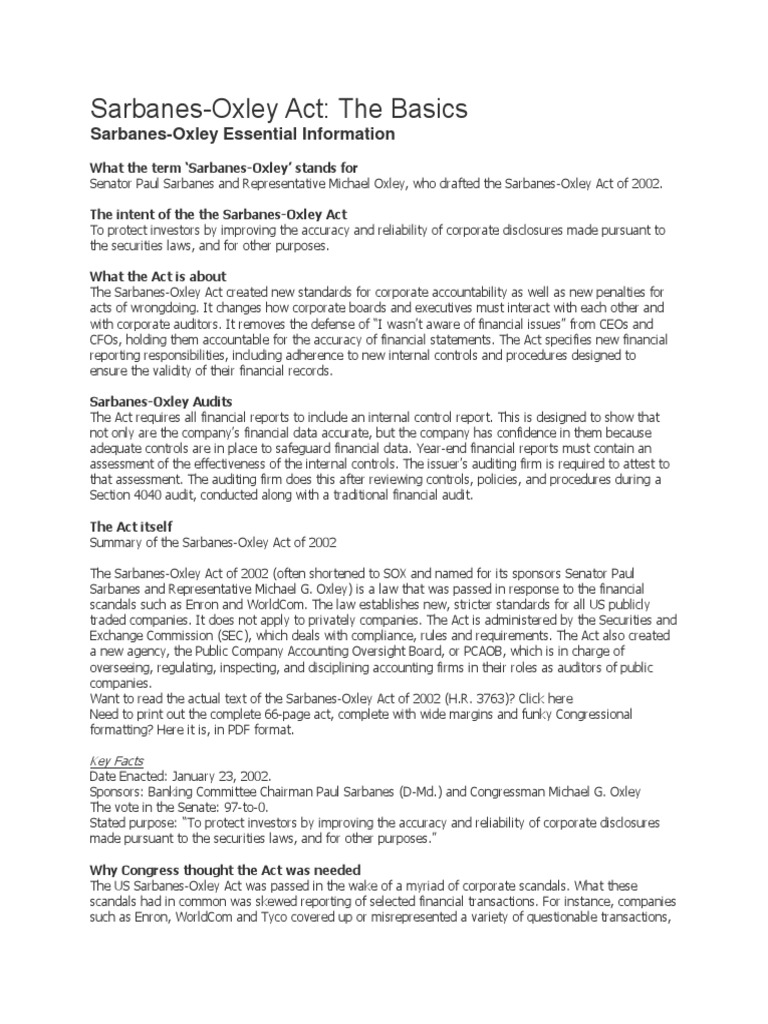 Basic Facts of Sox Law | PDF | Sarbanes–Oxley Act | Internal Control