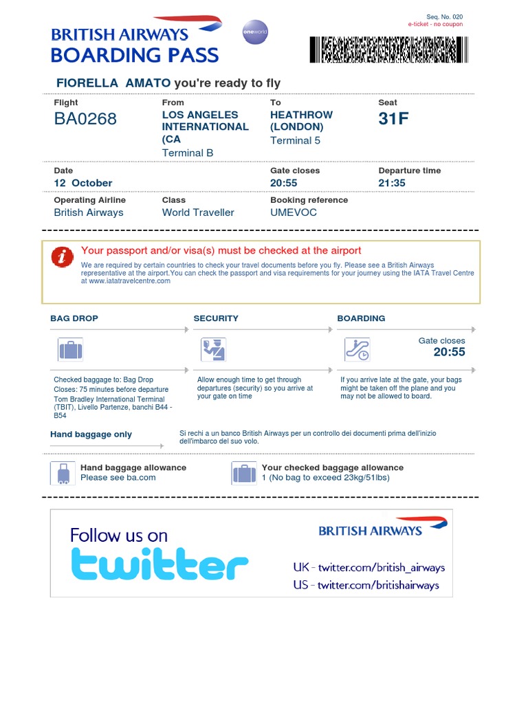 Boarding Pass BA0268 LAX LHR 020 | Aviation | Transport