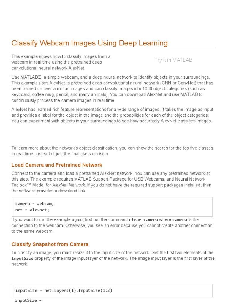 Classify Webcam Images Using Deep Learning Matlab And Simulink Pdf Artificial Neural Network