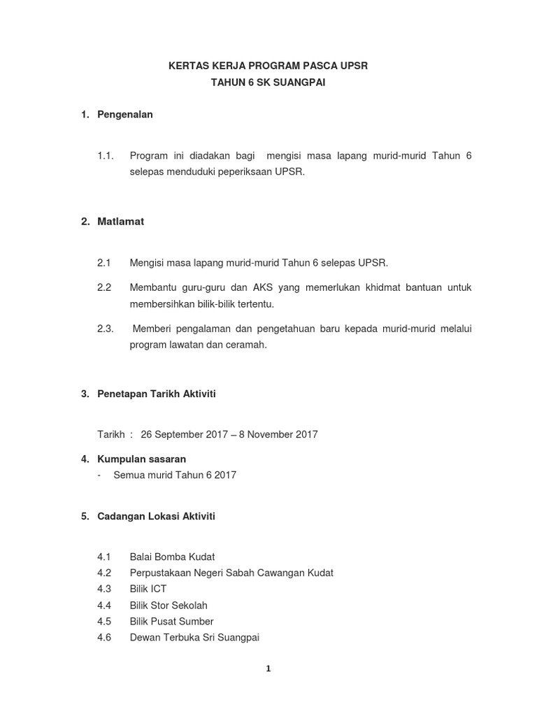 Kertas Kerja Program Pasca Upsr | PDF