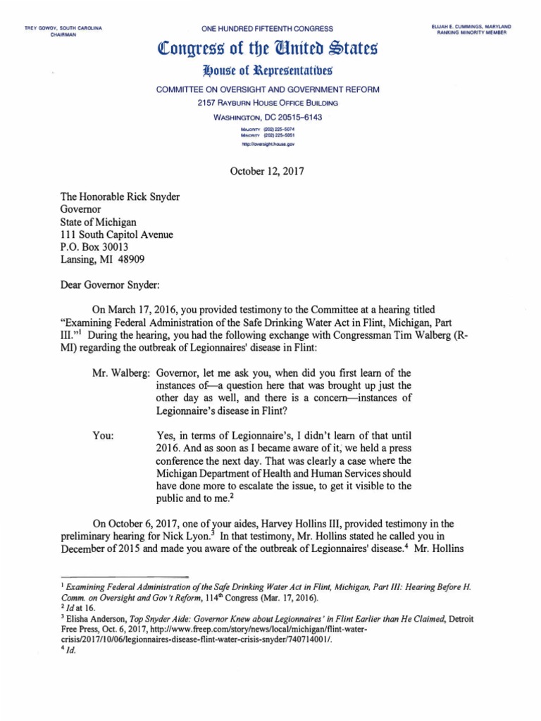 House Oversight Committee Letter To Gov Snyder | PDF | United States ...