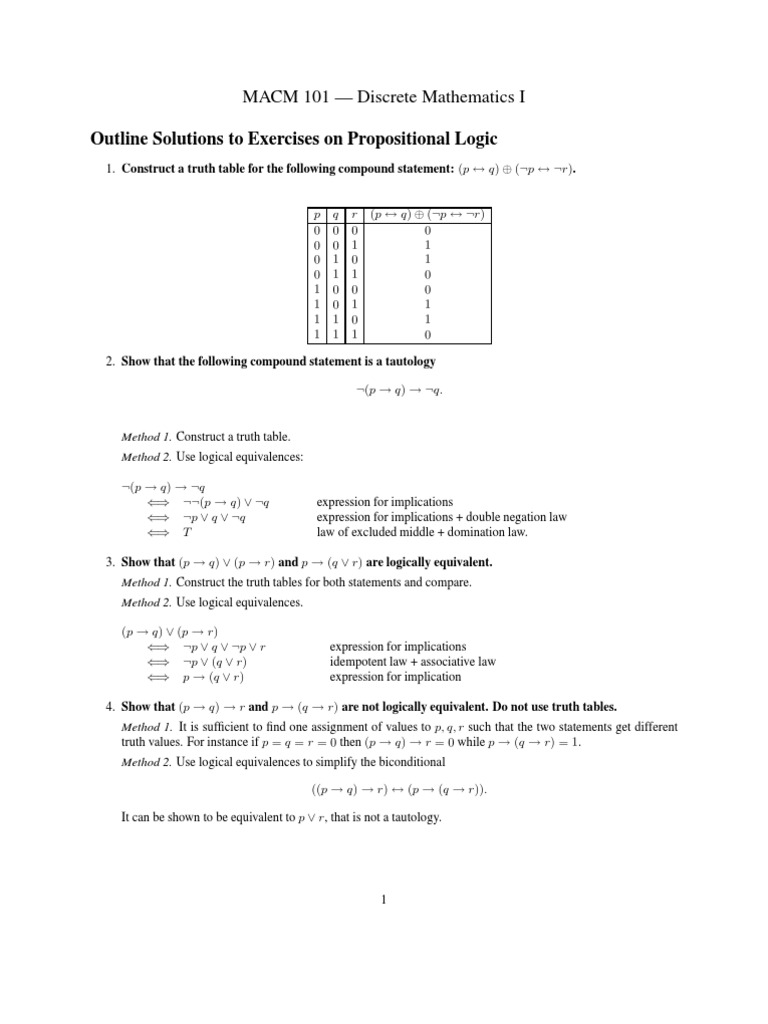 MACM 101 Propositional Logic Solutions | PDF | Logic | Deductive Reasoning