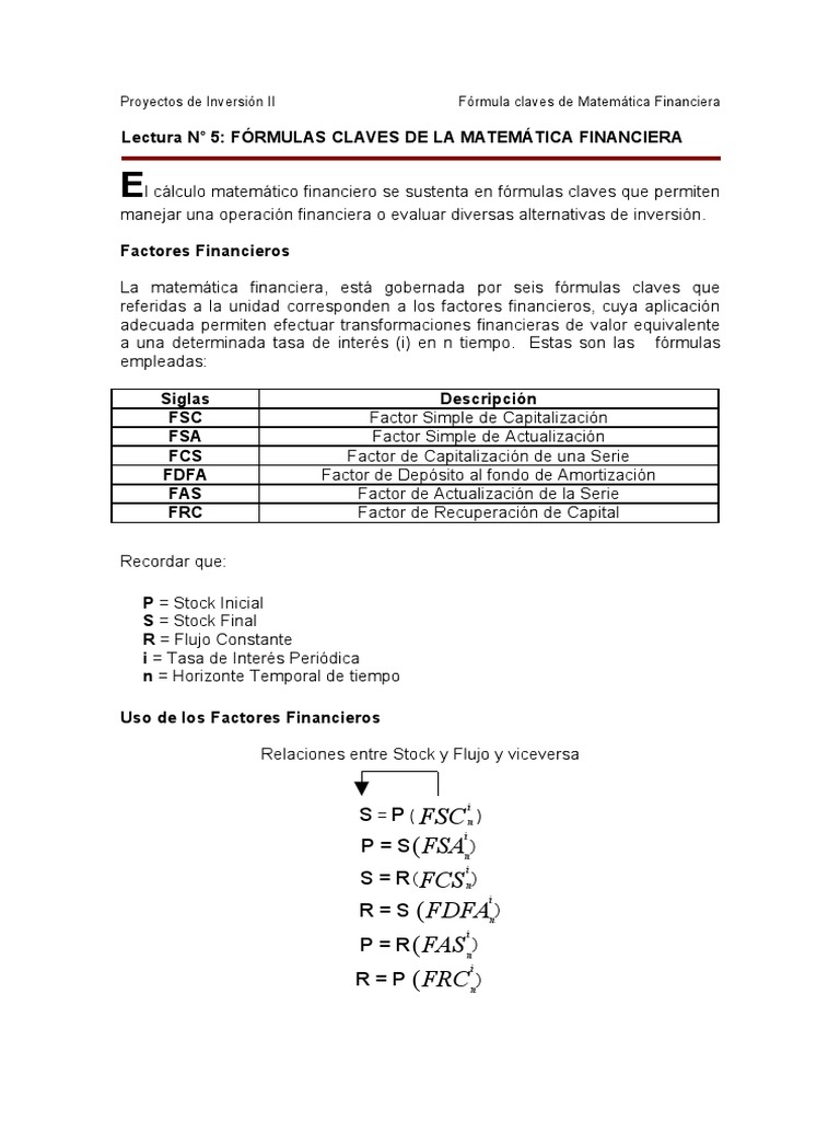 Lectura N 5 Formulas Claves de Matematica Financiera | Descargar gratis ...