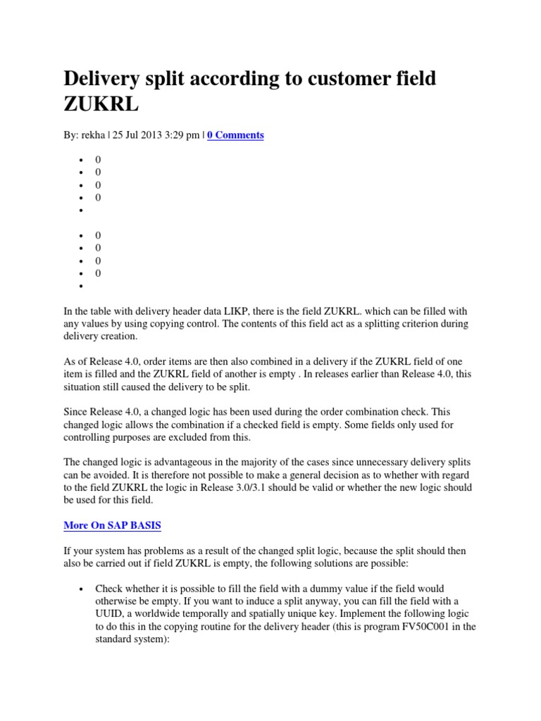 Delivery Split According To Customer Field ZUKRL | PDF
