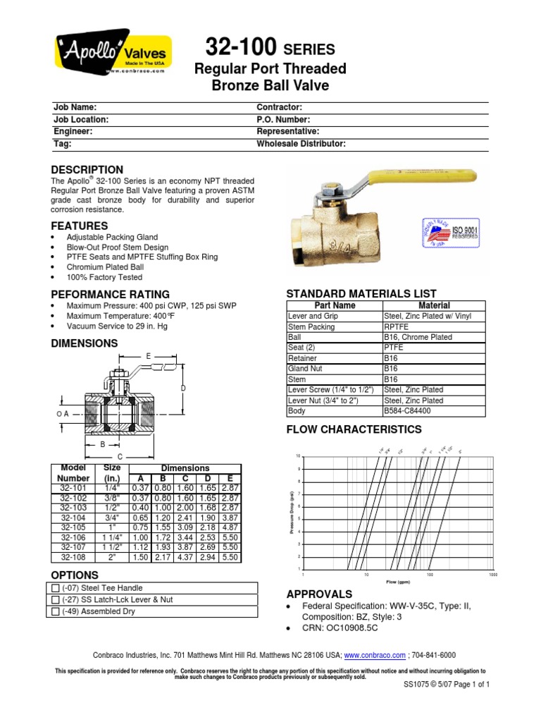 Apollo 32-100 Series Regular Port Threaded Bronze Ball Valve | PDF