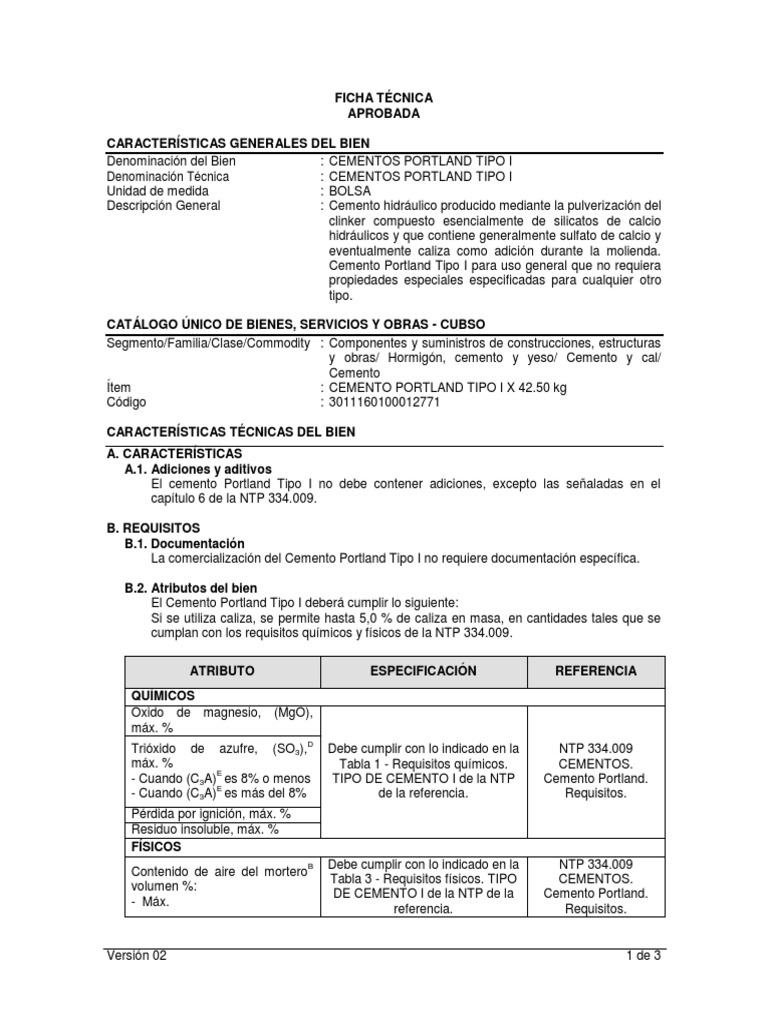 1.1 Ficha Tecnica Cemento Portland | Cemento | Materiales de construcción