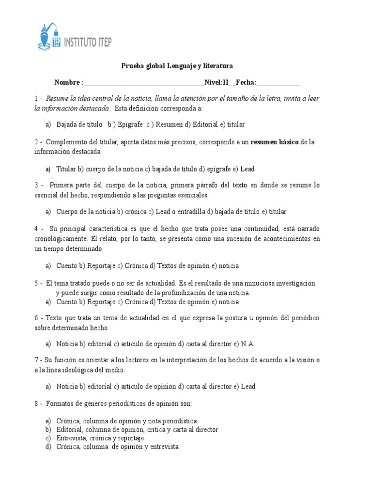 Prueba de Lenguaje y Literatura II | PDF | Medios de comunicación ...