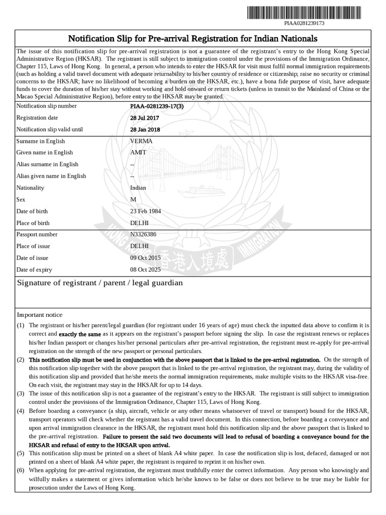 Notification Slip For Pre-Arrival Registration For Indian Nationals ...