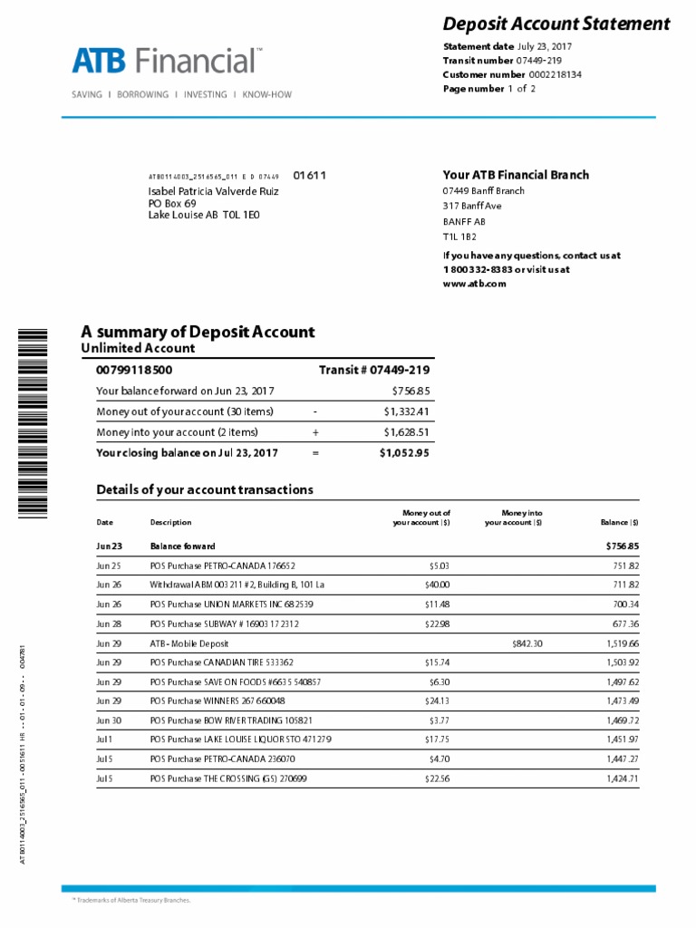 A Summary of Deposit Account: Your ATB Financial Branch | PDF ...