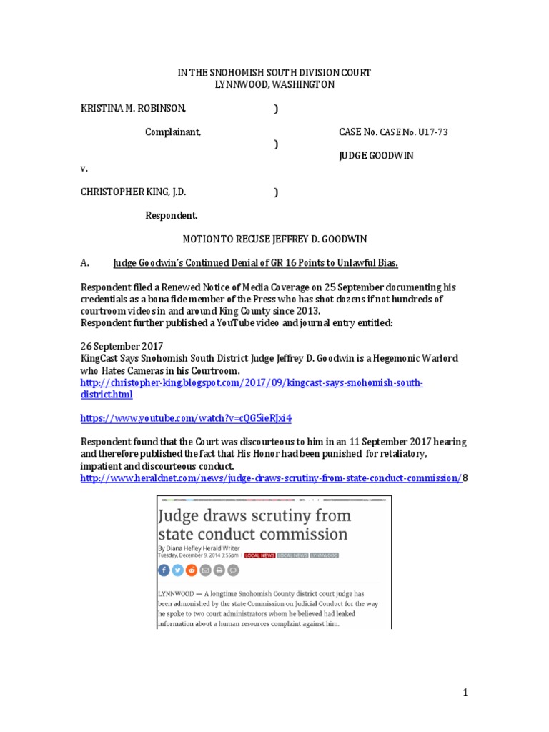 Snohomish South Judge Jeffrey D. Goodwin Recusal For First Amendment ...