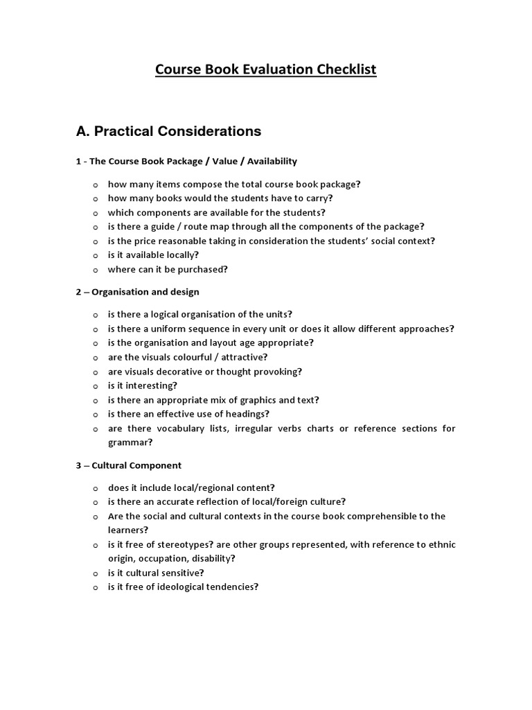 Course Book Evaluation Checklist Manuela | PDF | Learning Styles | English As A Second Or ...