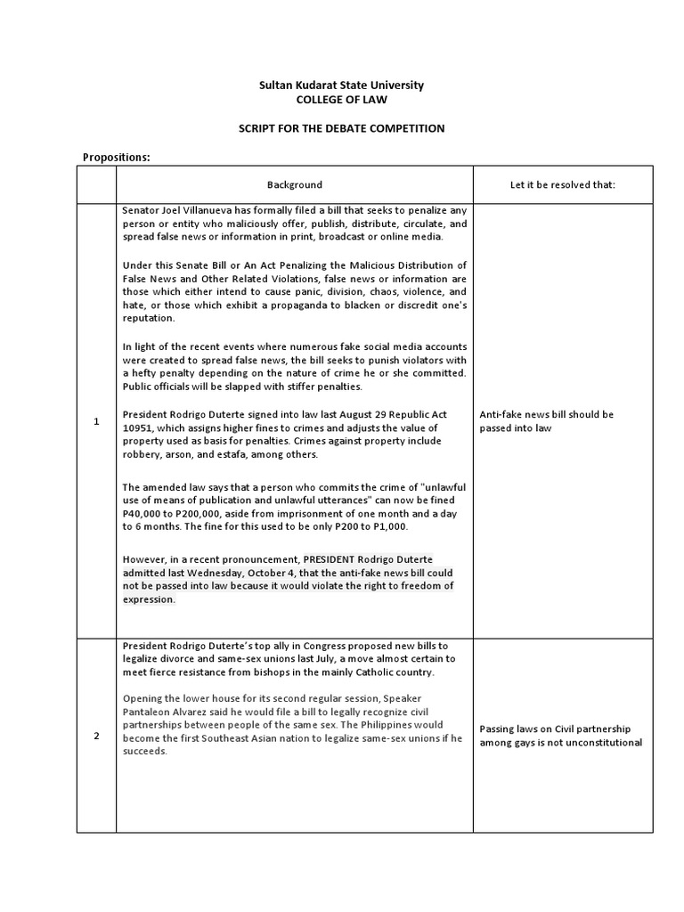 Script For The Debate | PDF | Civil Union | Crime & Violence
