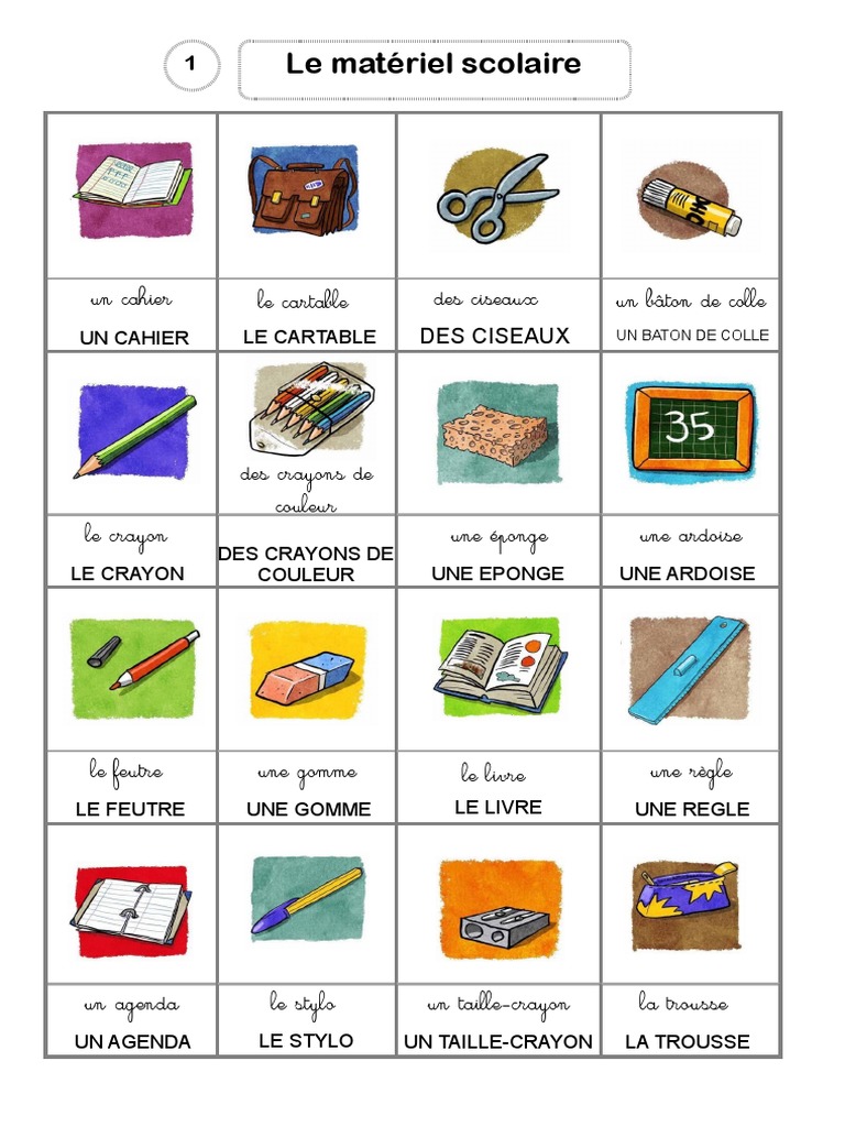 Le matériel scolaire: un cahier le cartable des ciseaux un bâton de colle