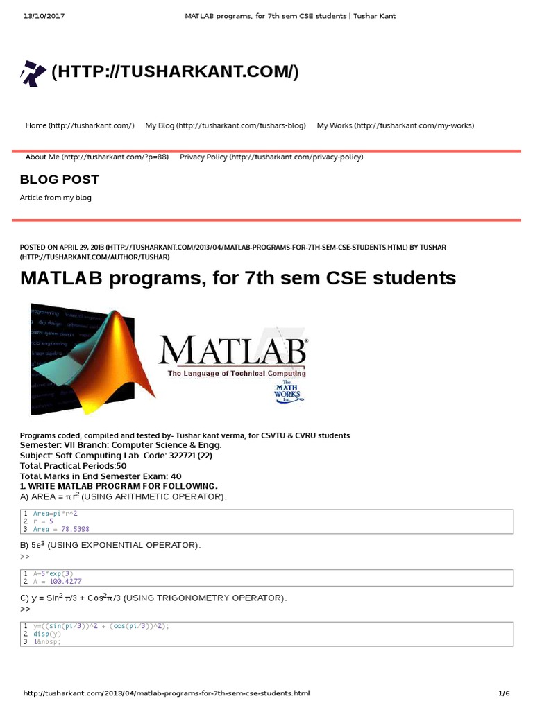 MATLAB Programs, For 7th Sem CSE Students - Tushar Kant | PDF | Pi ... MATLAB Programs, For 7th Sem CSE Students - Tushar Kant | PDF | Pi ...