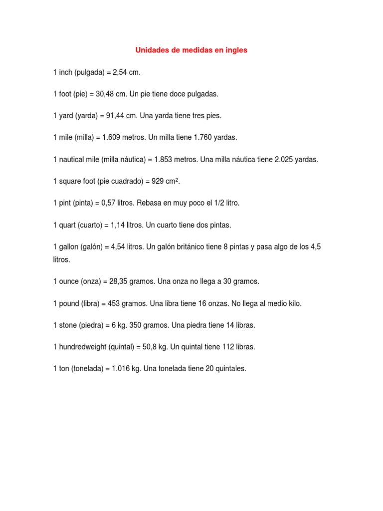 Unidades de Medidas en Ingles | PDF