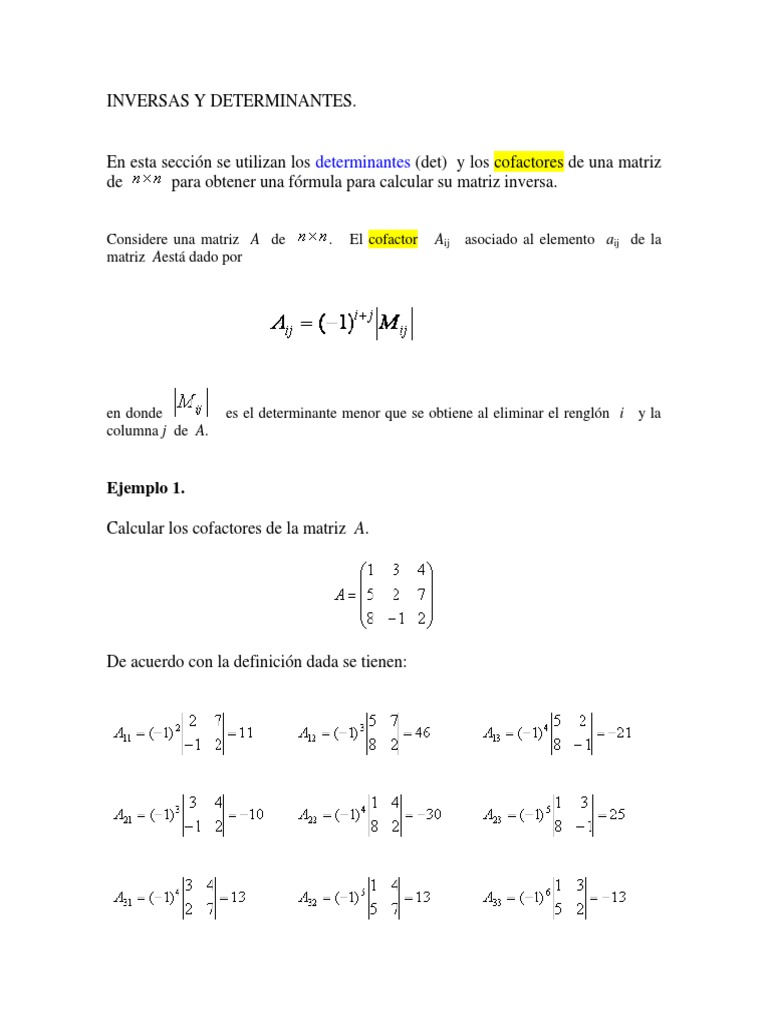 Inversa y Determinantes de Matrices | PDF | Determinante | Matriz ...