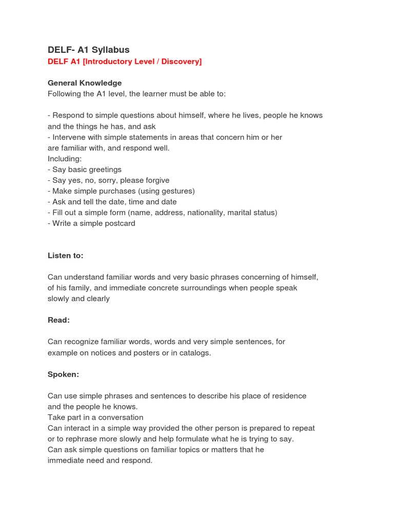 DELF A1 Syllabus-Eng | PDF | Grammatical Number | Pronoun