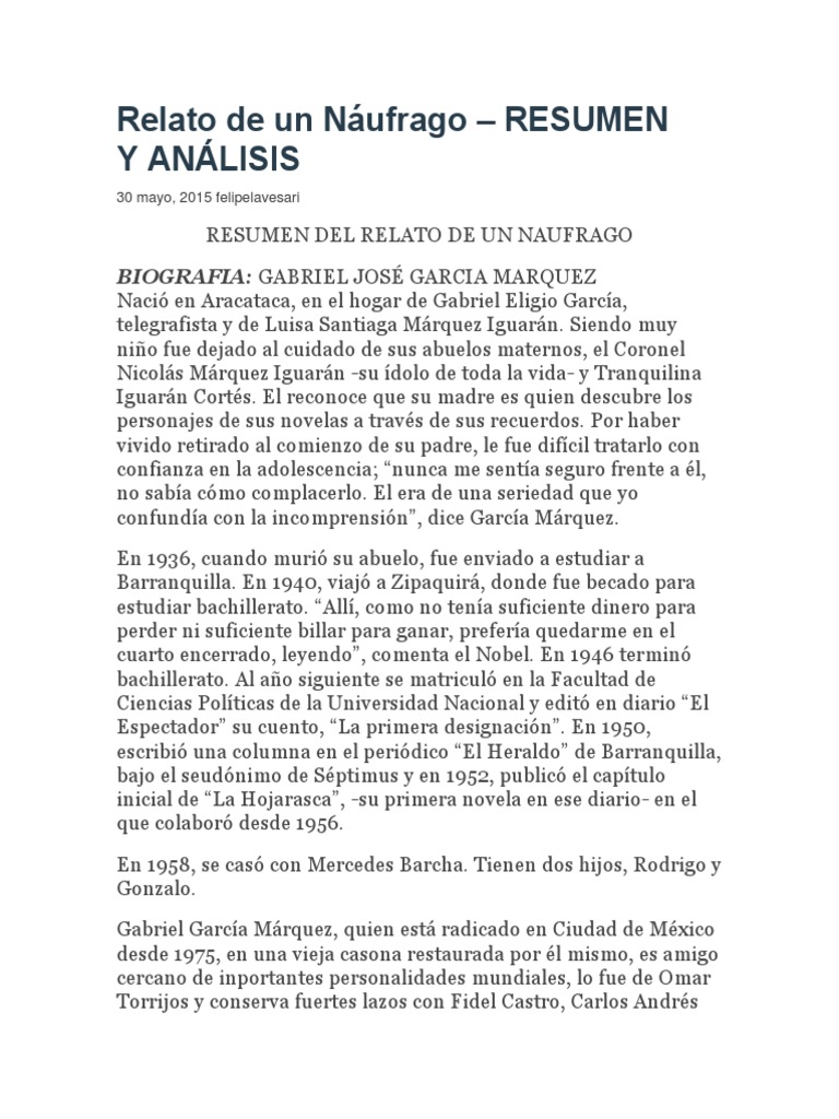 Resumen y Análisis de "Relato de un Náufrago" | PDF | Gabriel García ...