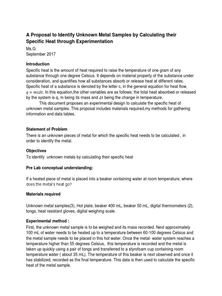Specific Heat Lab Proposal | PDF | Temperature | Heat Capacity