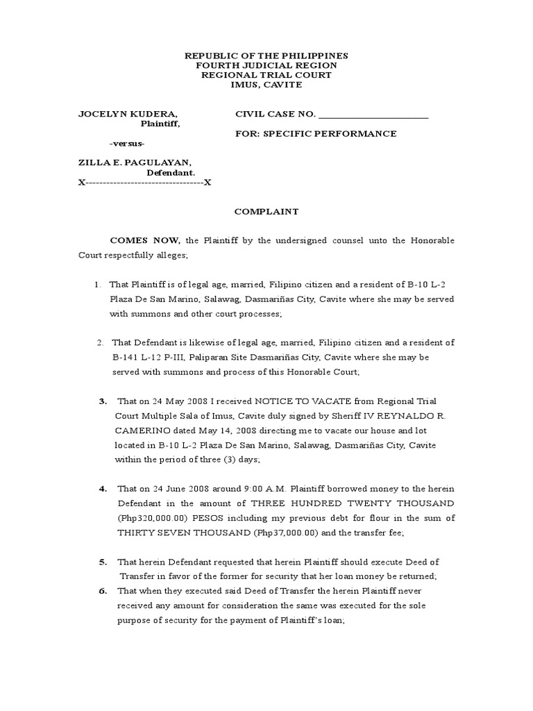199248385 Complaint for Specific Performance | Lawsuit | Damages | Free ...