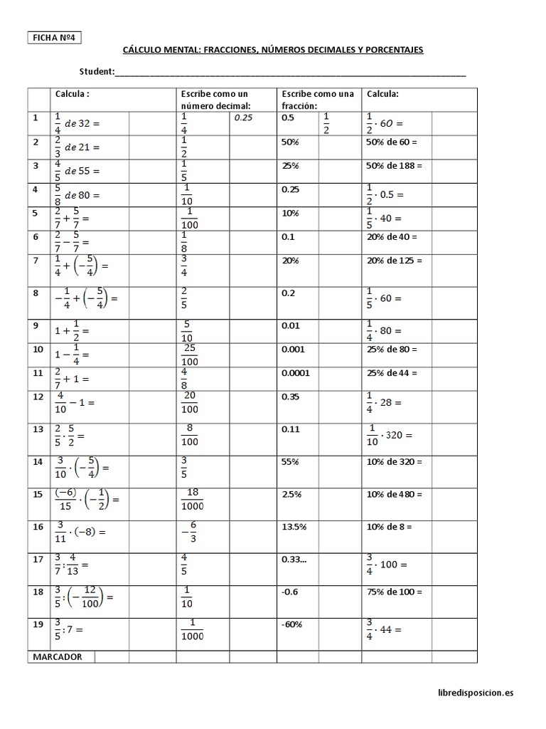 Calculo Mental FICHA N4 | PDF