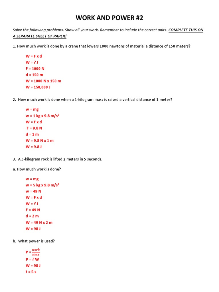 Work and Power Practice 2 Answers | PDF | Weight | Nature