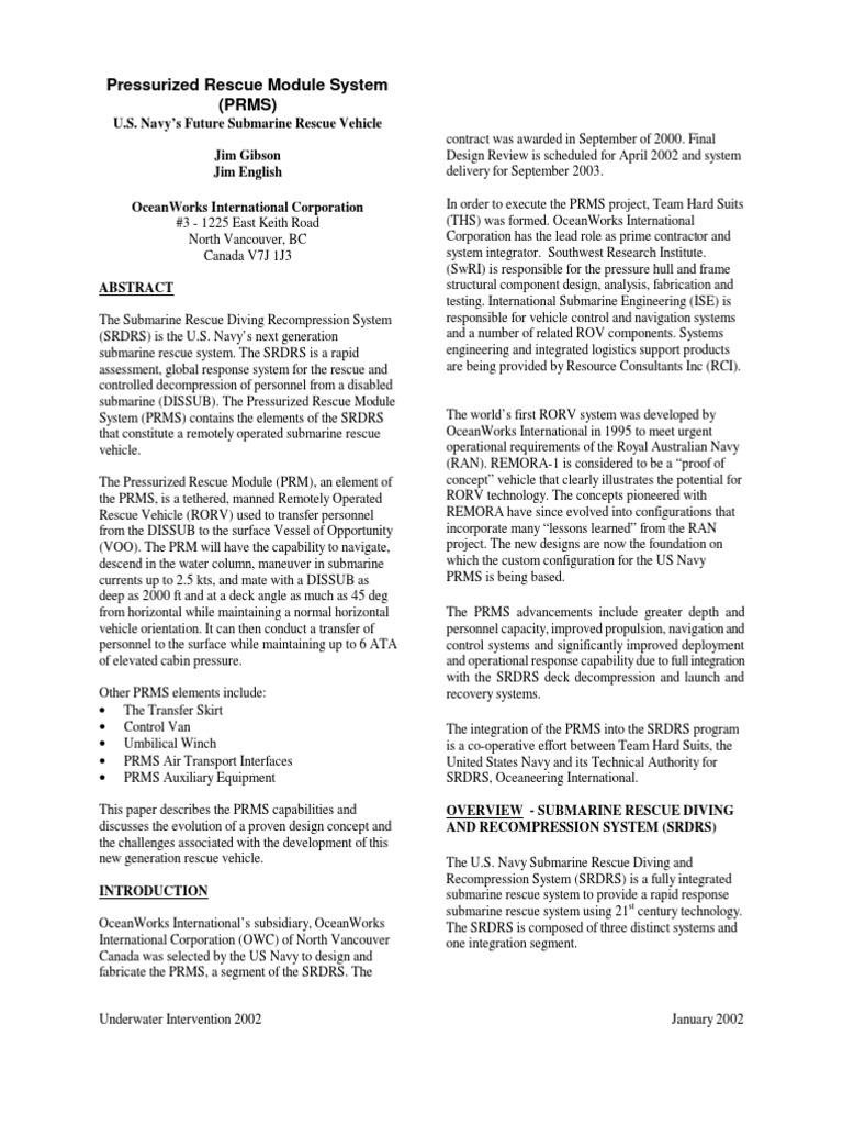 OW2002 - Pressurized Rescue Module | PDF | Submarines | Underwater Diving