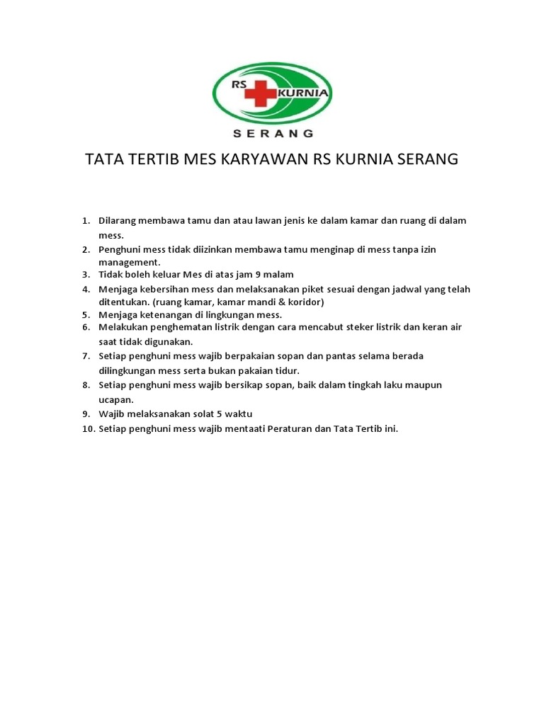 Tata Tertib dan Peraturan Penghuni Mess Karyawan Rumah Sakit Kurnia ...