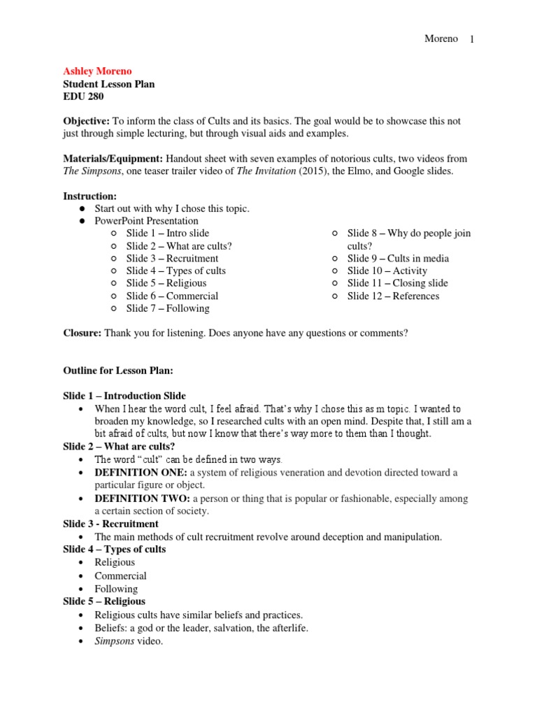 Cults Lesson Plan | PDF | Lesson Plan | Truth